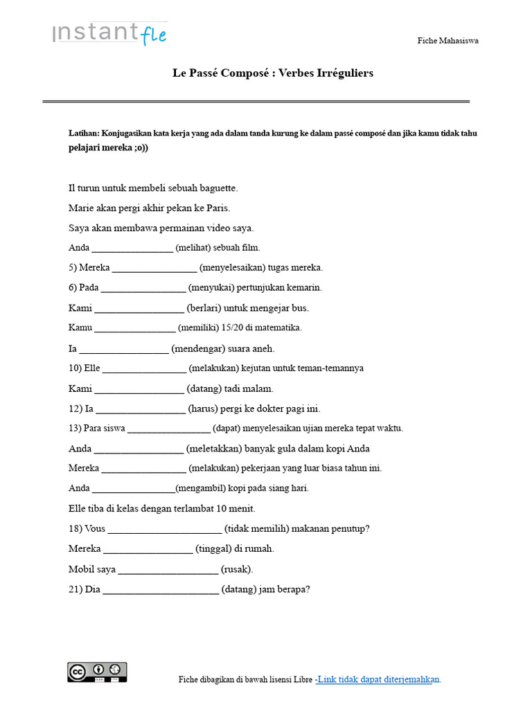 Latihan Passé Composé Verbes Irréguliers | PDF