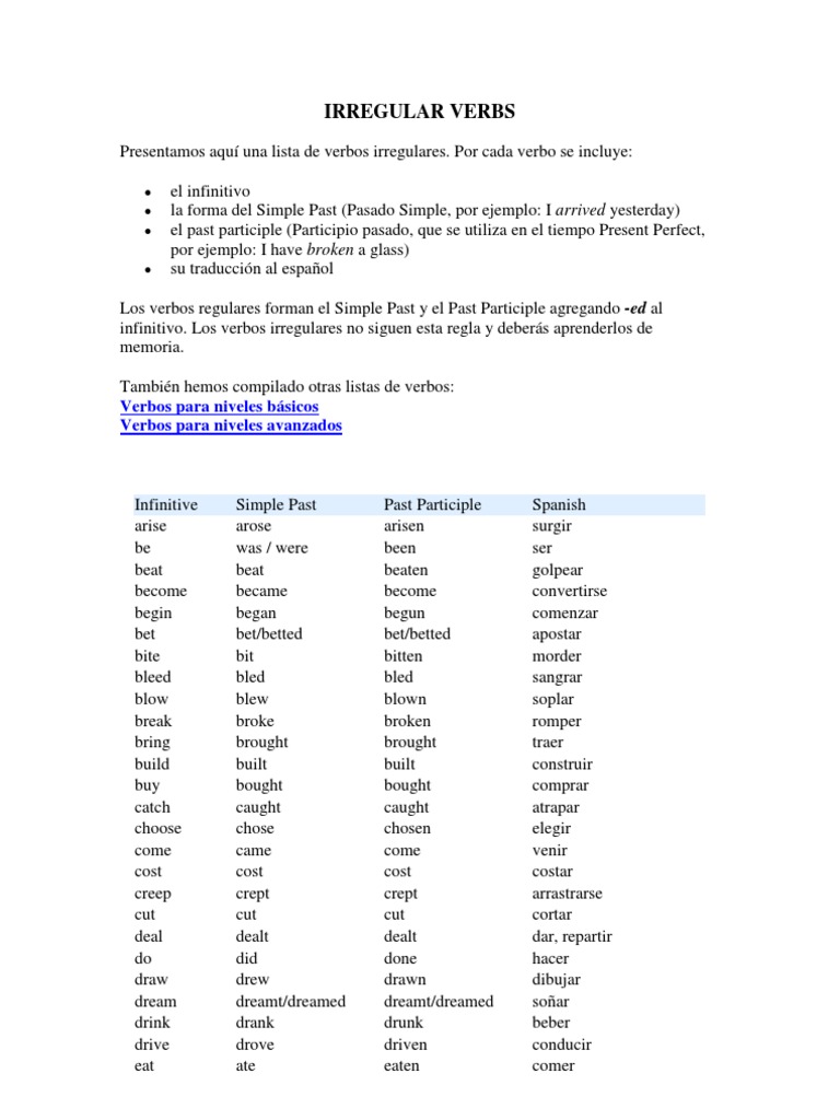 PAST TENSE: List of Verbs | PDF | Rules | Language Mechanics
