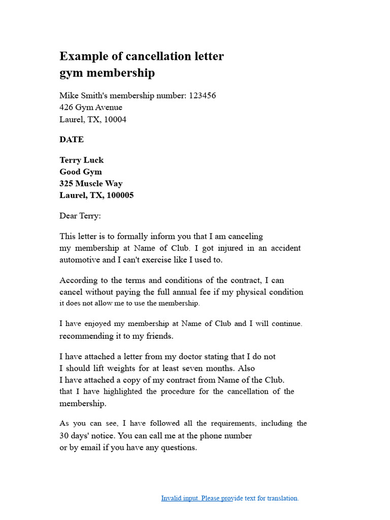 Example of Gym Membership Cancellation Letter | PDF