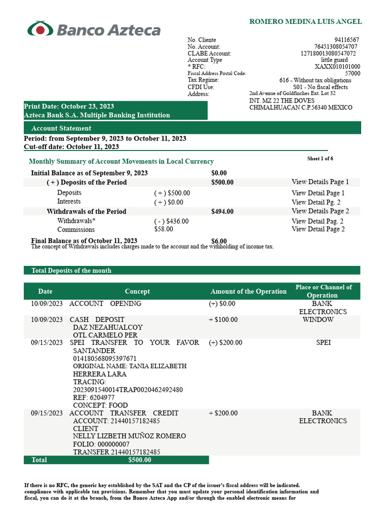 Azteca Bank Account Statement Summary | PDF | Taxes | Banks