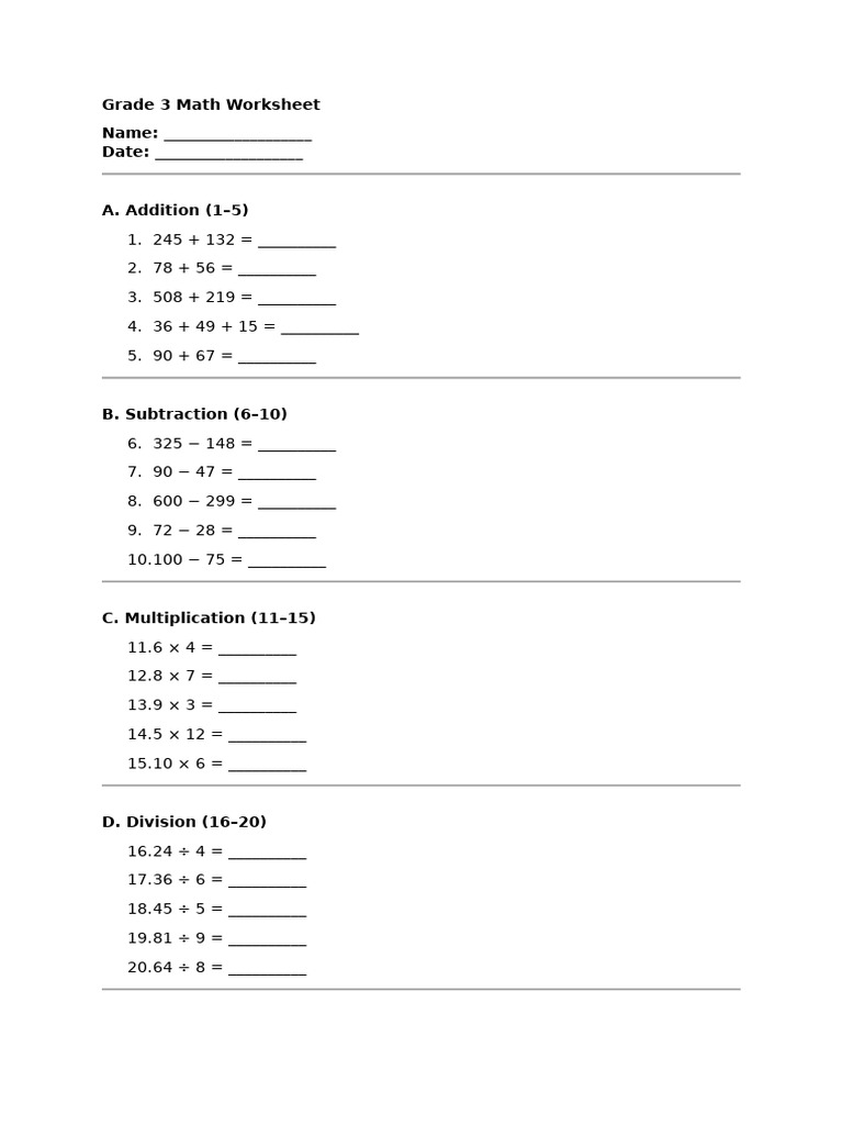 Grade 3 and 7 Math Diagnostic Test | PDF | Subtraction | Multiplication