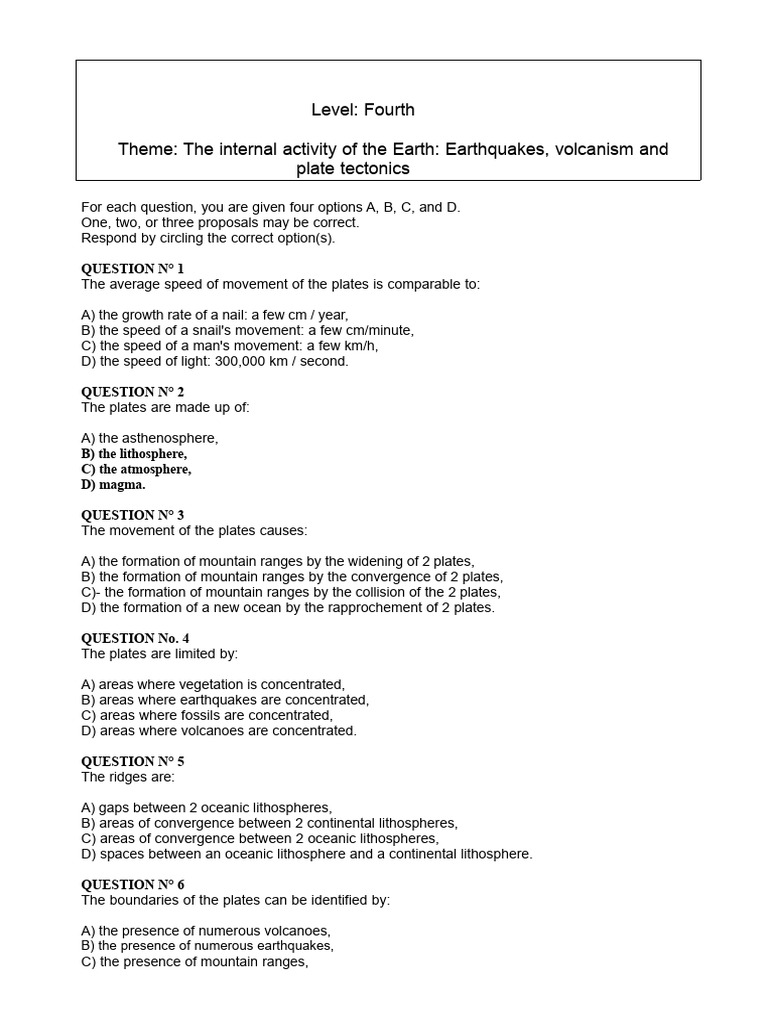 Earth Internal Activity Quiz for Kids | PDF | Plate Tectonics ...
