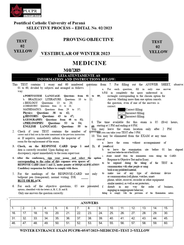 Winter 2023 Entrance Exam Answer Key Test 2 Yellow Medicine | PDF ...