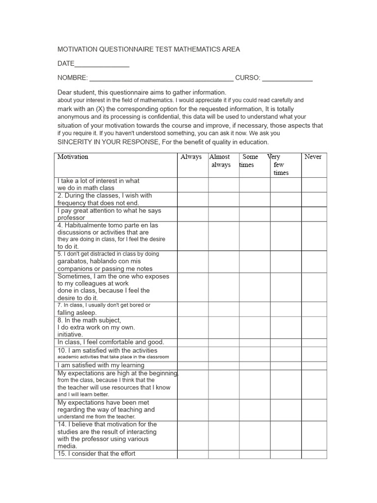 Motivation Questionnaire Test Mathematics Area | PDF | Teachers ...