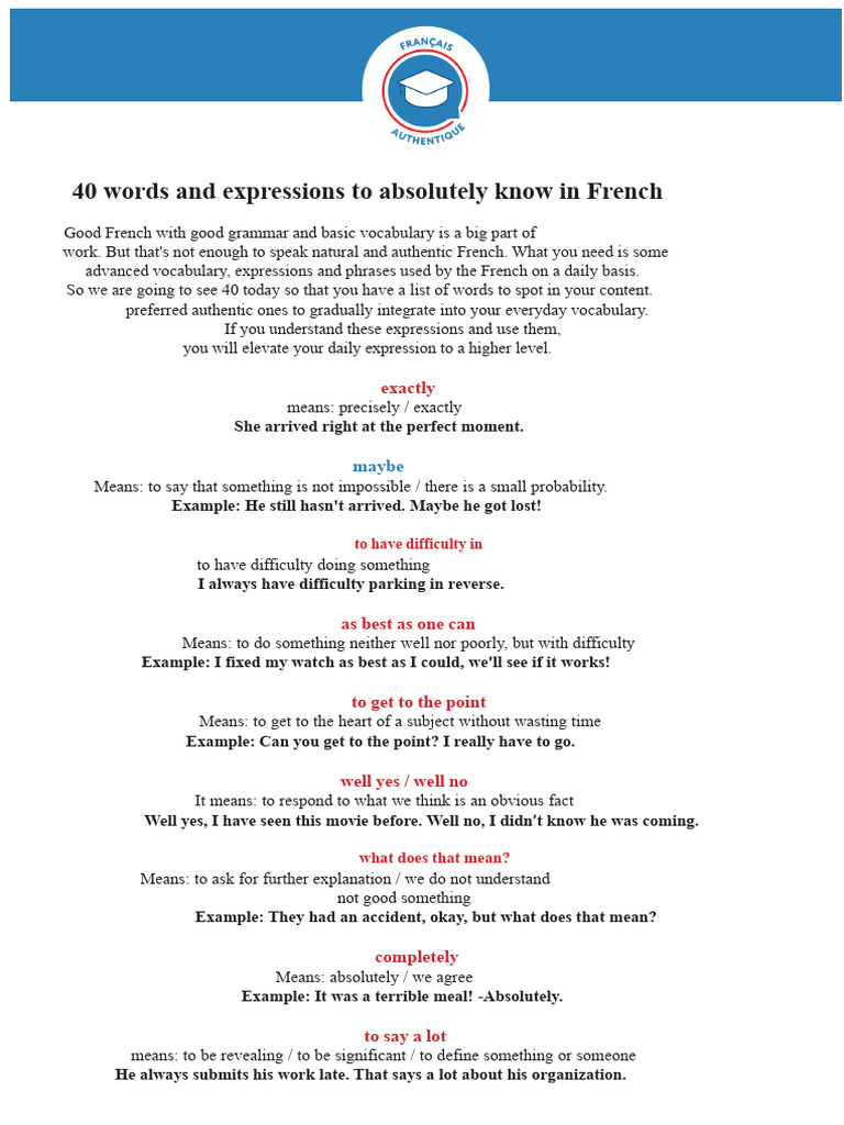 40 Words and Expressions You Absolutely Need To Know in French | PDF ...