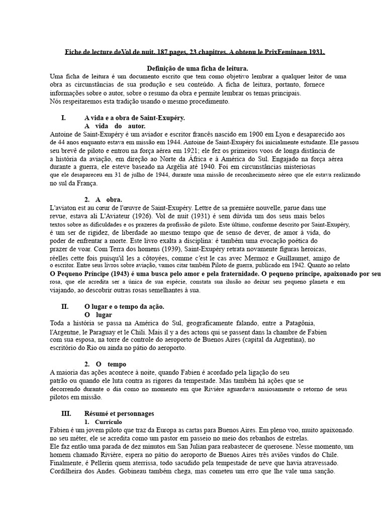 Ficha de Leitura de Voo Noturno | PDF