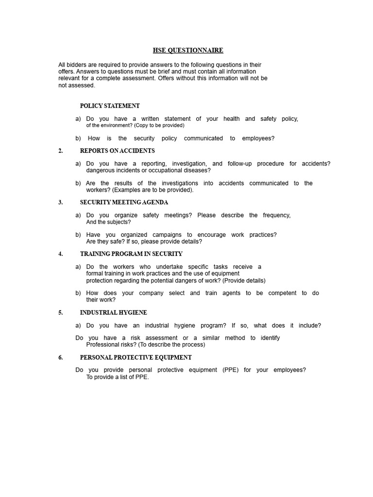 HSE Questionnaire Template | PDF