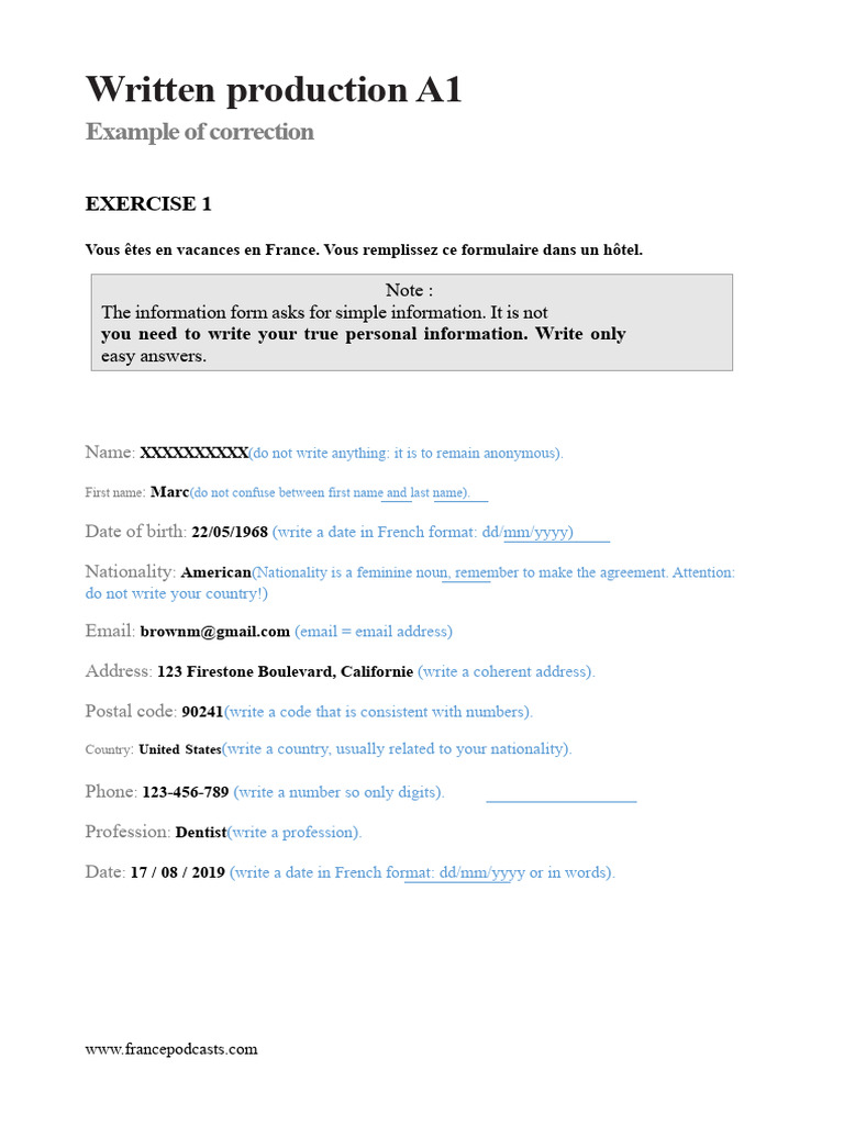 DELF-A1-PE-Example of Corrected Form | PDF