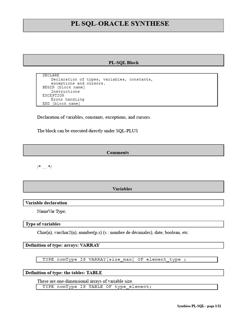 Summary of PL/SQL Language ORACLE | PDF | Pl/Sql | Sql