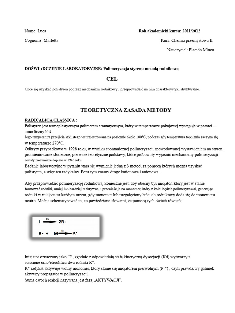 3 - Polimeryzacja Styrenu - Rodnikowa | PDF