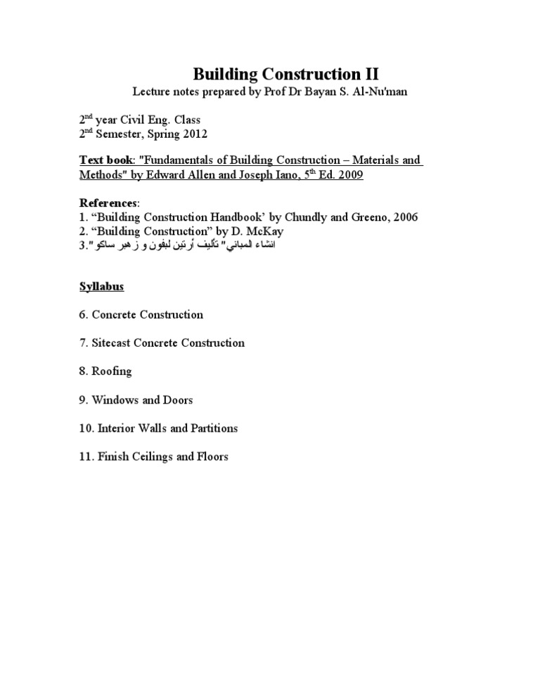 Building Construction II Lecture Notes | PDF