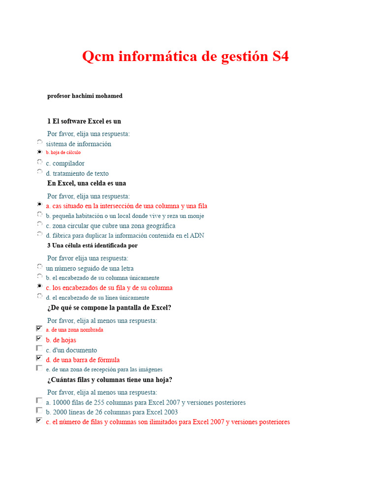 QCM EXCEL Prof Hachimi | PDF | Microsoft Excel | Hoja de cálculo