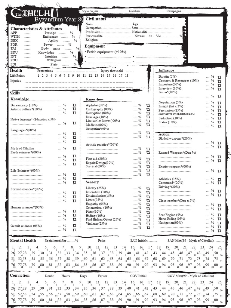 The Call of Cthulhu 6 - Character Sheet Byzantium 800 PDF | PDF ...