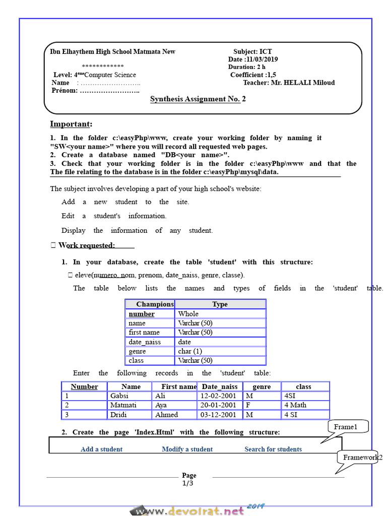 Corrected Synthesis Assignment No. 2 First Semester - ICT - Computer Bac (2018-2019) Mr. Helali ...
