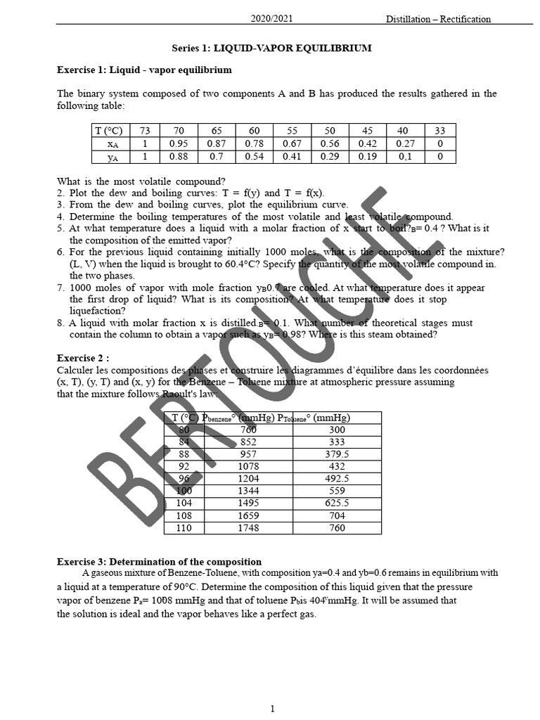 Liquid-Vapor Equilibrium Exercises | PDF | Distillation | Transparent ...
