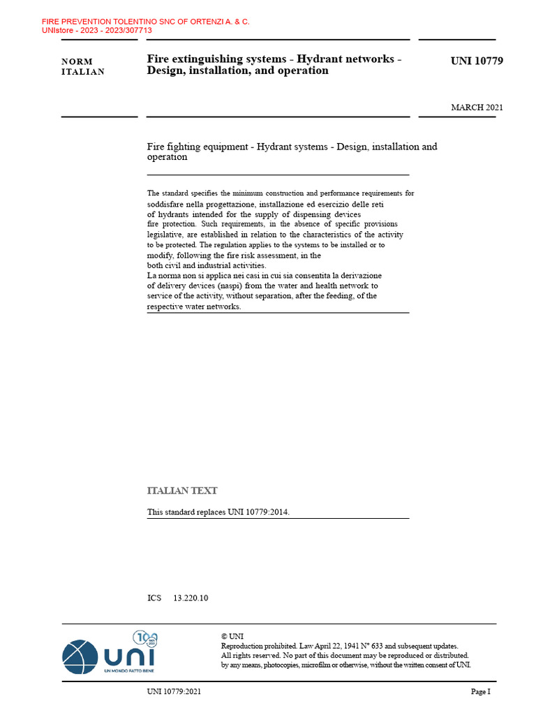 Fire Hydrant System Standards UNI 10779 | PDF | Pipe (Fluid Conveyance ...