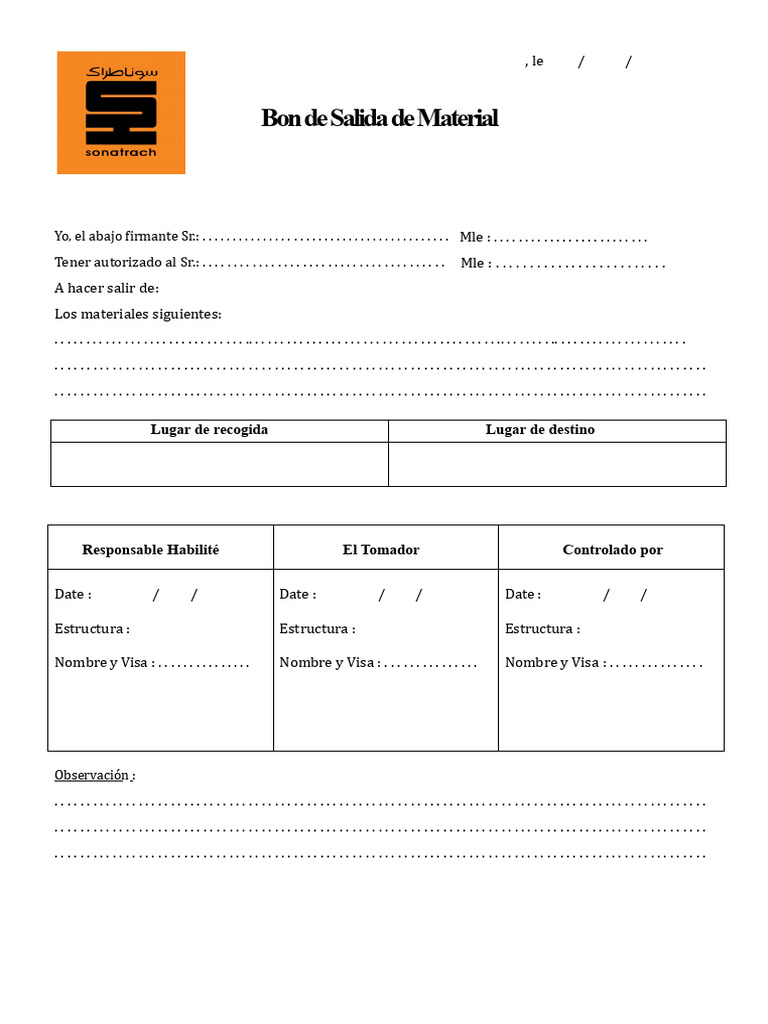 Bon de Salida de Material: Formato y Uso | PDF