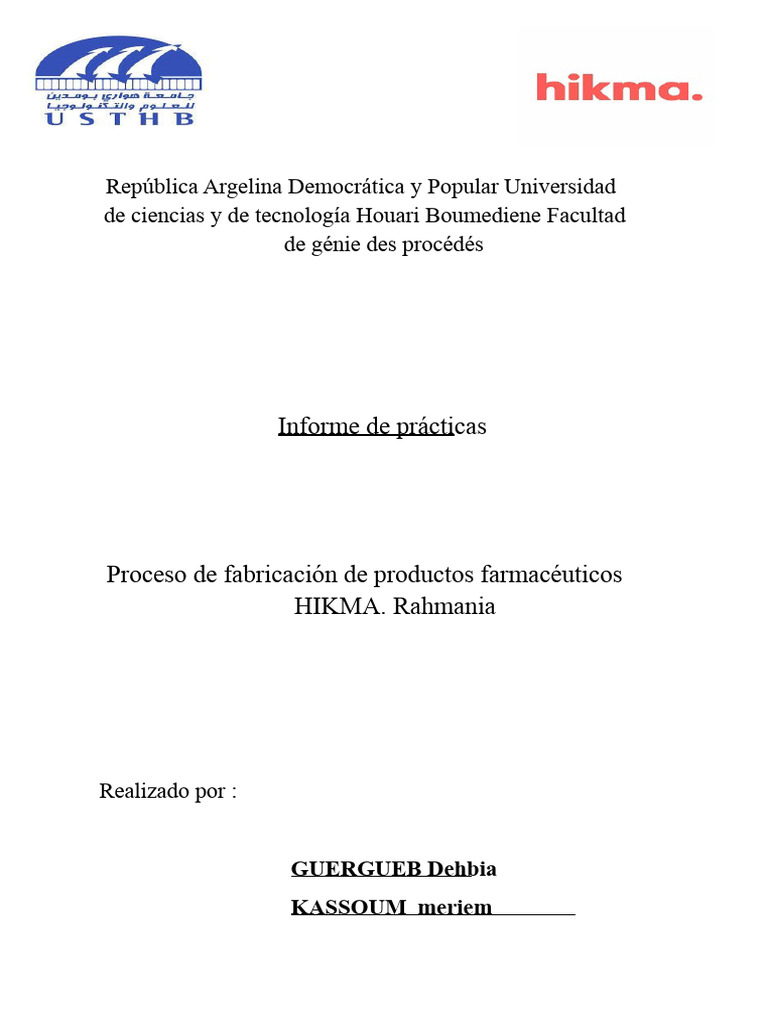 Informe de Prácticas Hikma. | PDF | Industria farmacéutica | Saneamiento