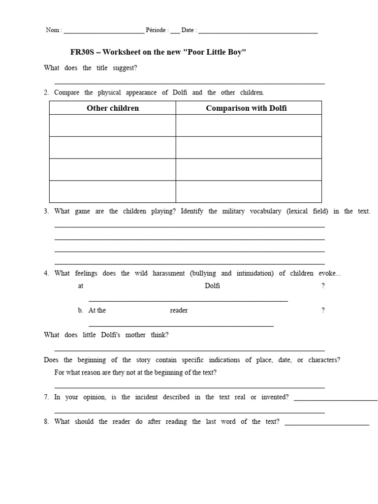 Fr30s - Poor Little Boy Worksheet 1 | PDF