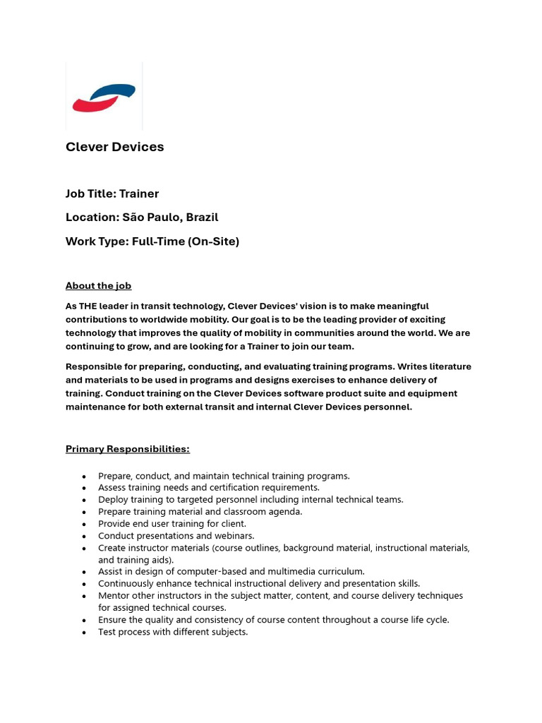Trainer Position at Clever Devices | PDF