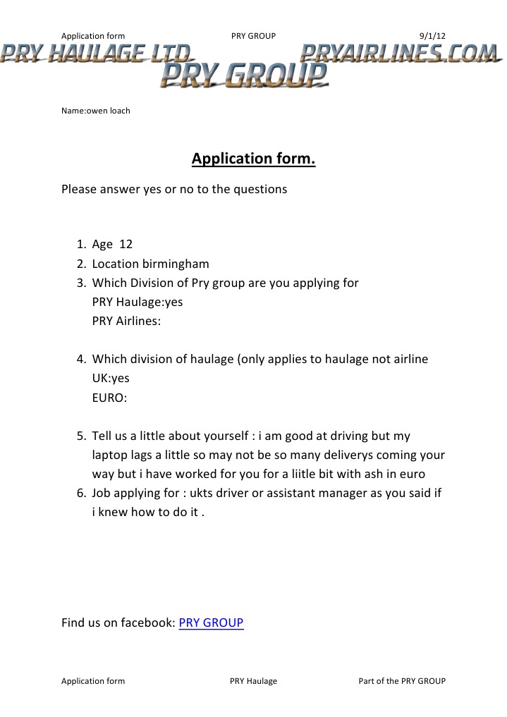 PRY Haulage Application Form | PDF | Business