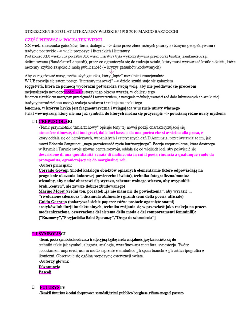Streszczenie Stu Lat Włoskiej Literatury 1910 | PDF