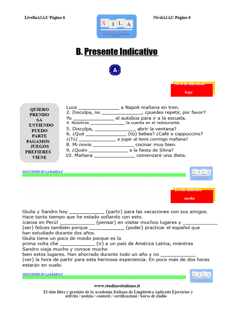 Ejercicios de Presente Indicativo A1-A2 | PDF