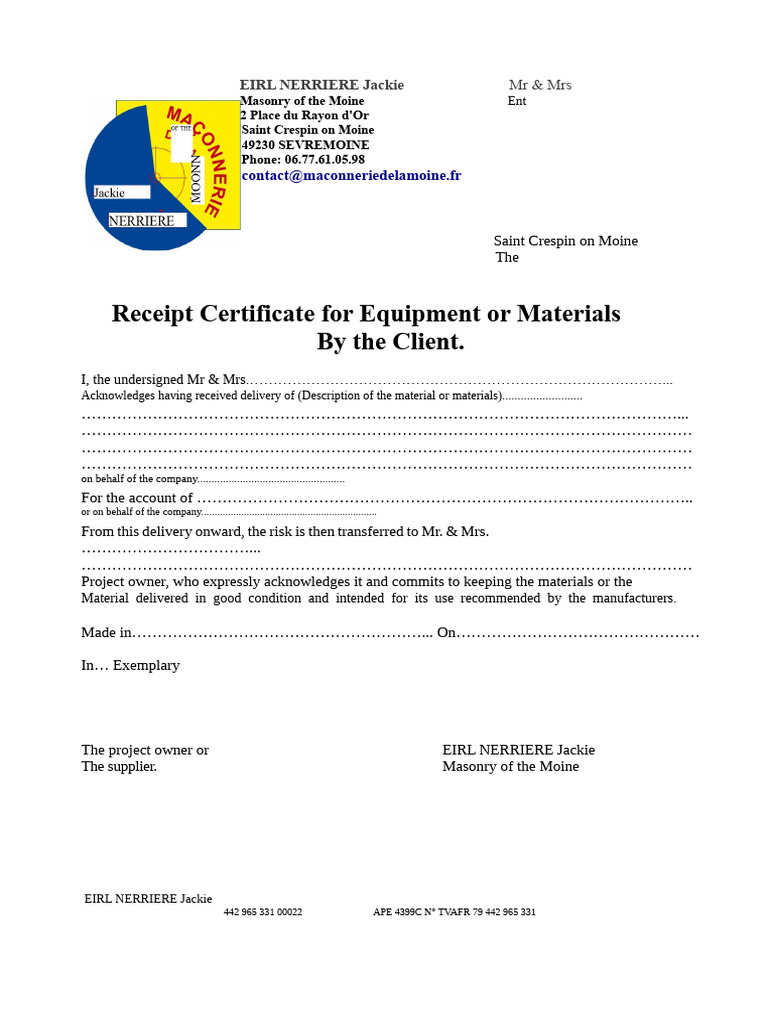 Receipt Certificate for Delivered Materials | PDF