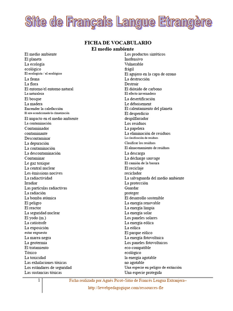 Ficha de Vocabulario Medio Ambiente | PDF | Contaminación | Energía ...