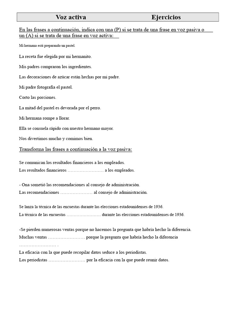 Ejercicios de voz activa y pasiva | PDF