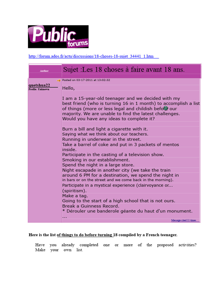 18 Must-Do Activities Before Turning 18 | PDF