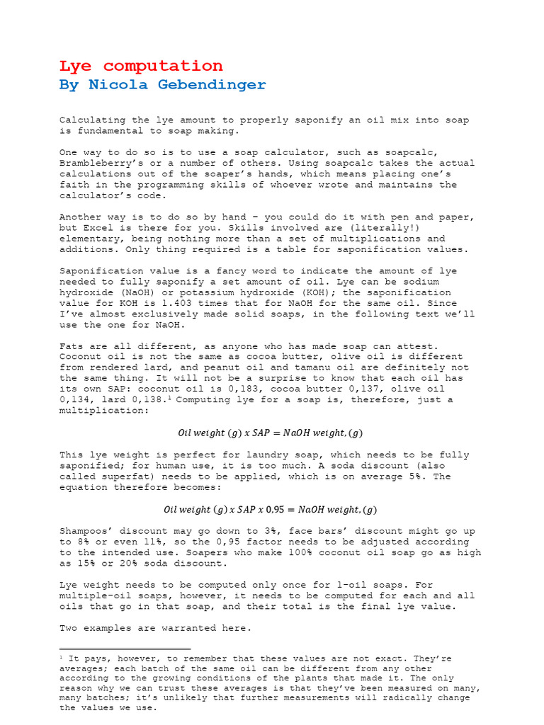Lye Computation | PDF | Sodium Hydroxide | Chemical Substances