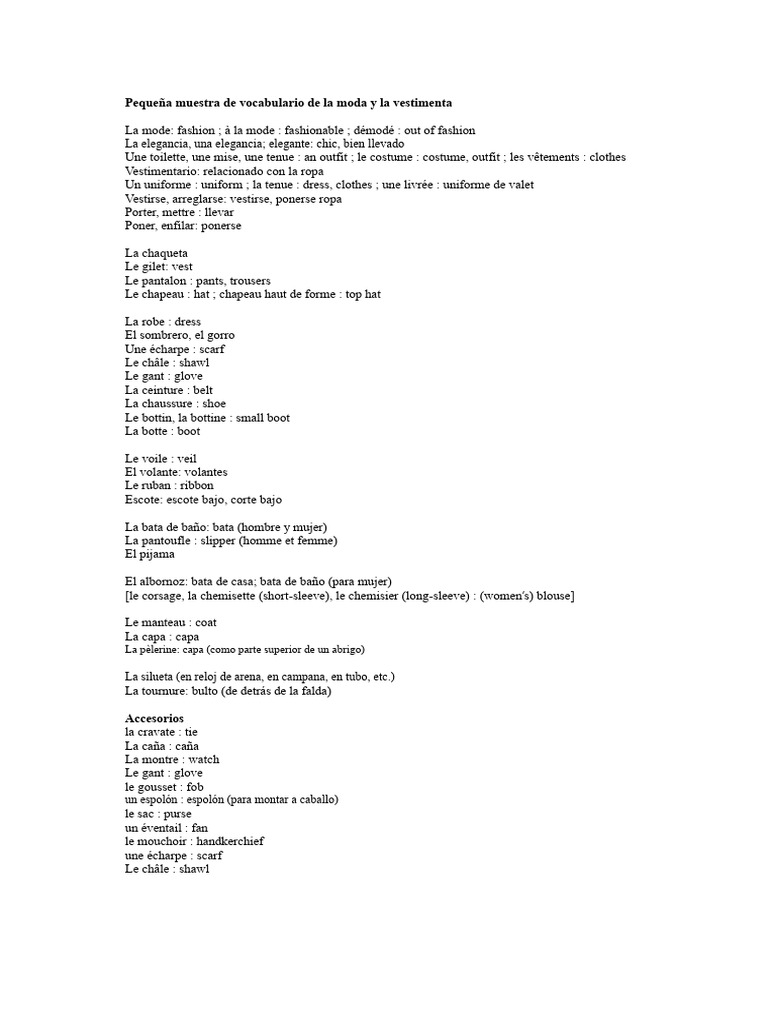 Vocabulario La Moda | PDF | Ropa | Moda
