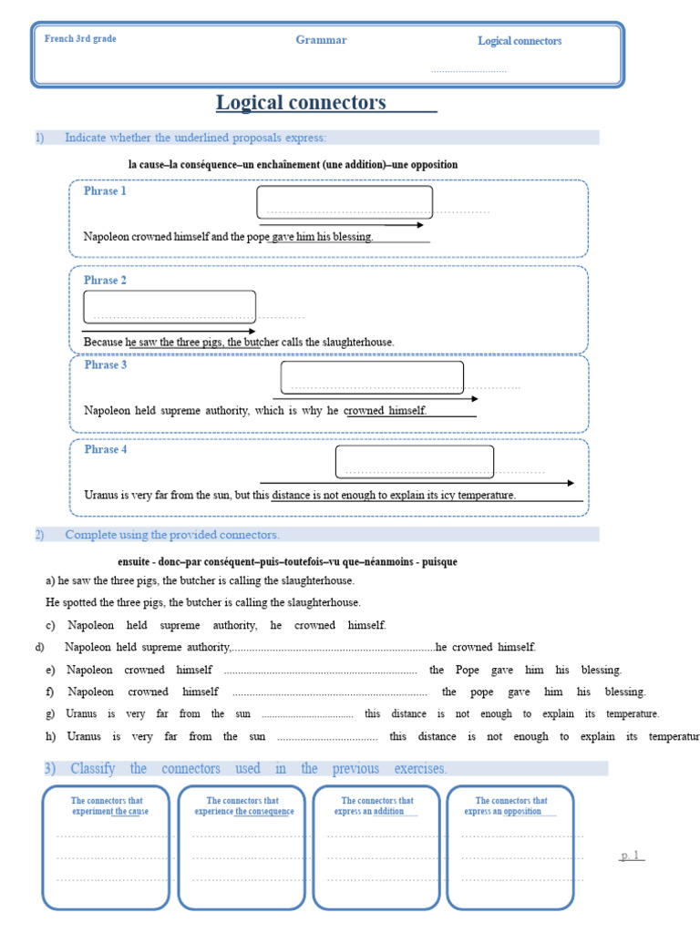French 3rd Grade Grammar Logical Connectors Pdf Syntax Language