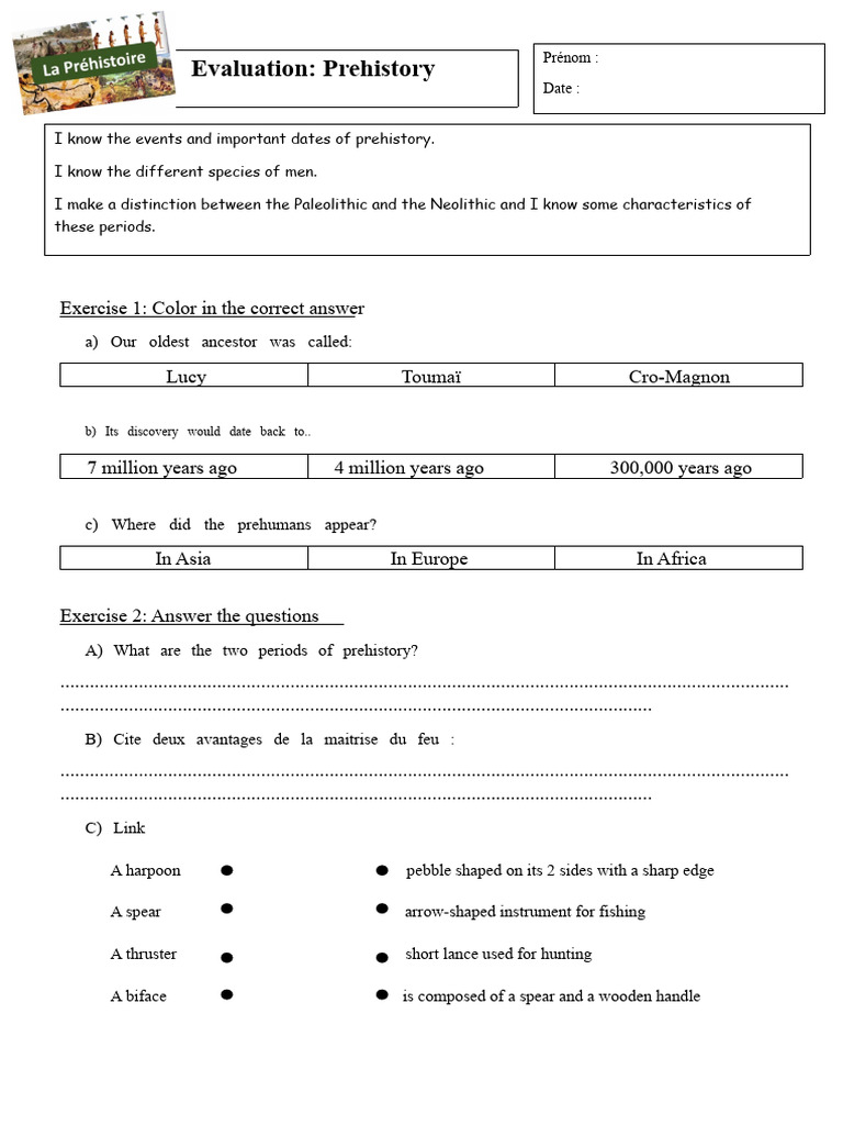 Prehistory Evaluation CM1 CM2 | PDF | Neolithic | Paleolithic