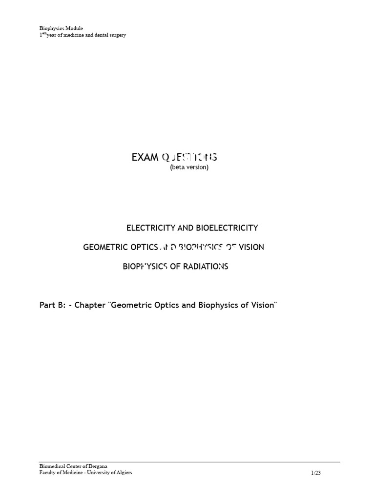 Exam Questions Chapter Geometric Optics and Biophysics of Vision | PDF ...