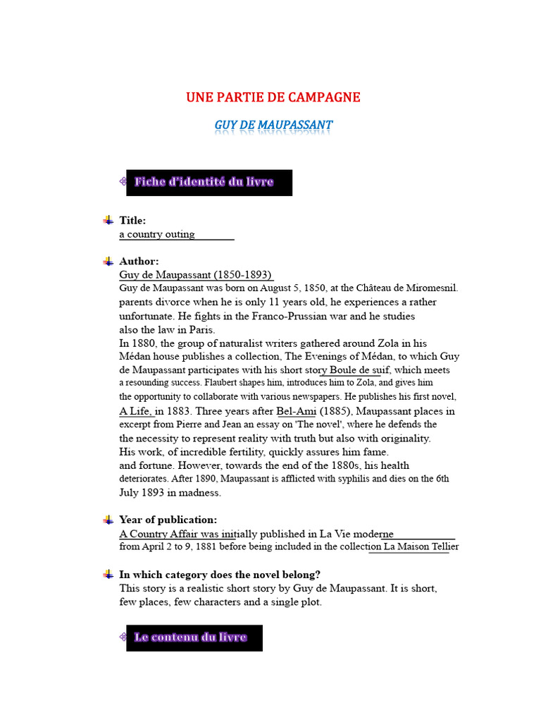 Maupassant's A Country Outing Summary | PDF | Guy De Maupassant