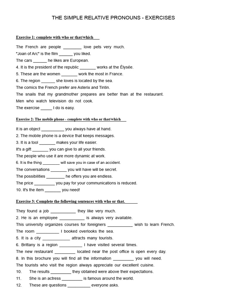 Simple Relative Pronouns Exercises | PDF
