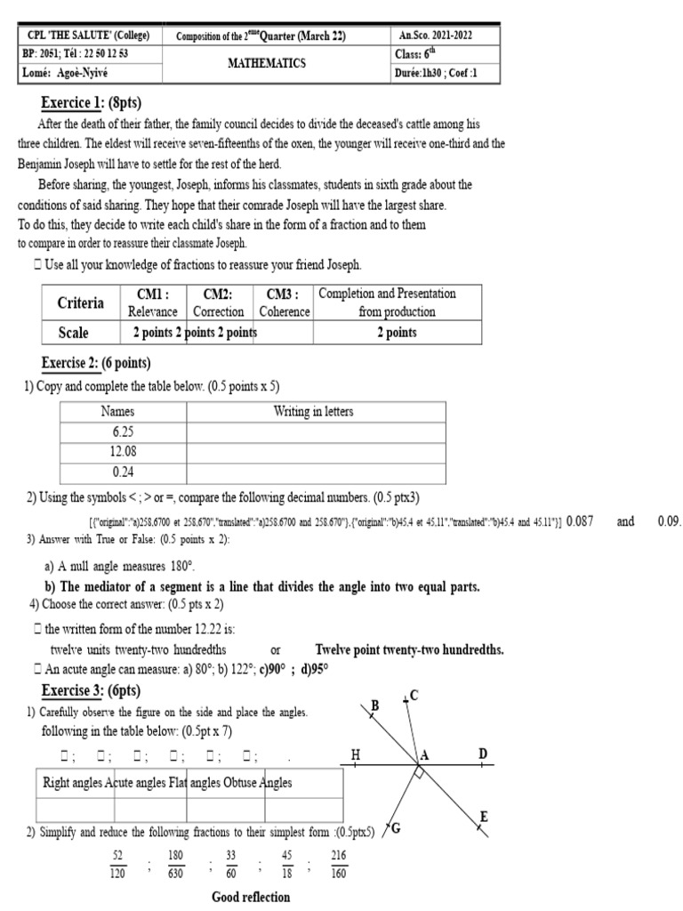 2nd Trimester Composition MATH 6th Grade 2022_012435 | PDF | Angle ...