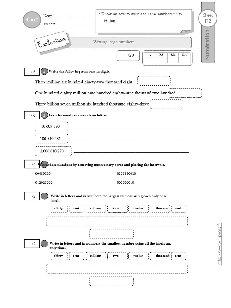 Cm2 Assessment Write Numbers | PDF