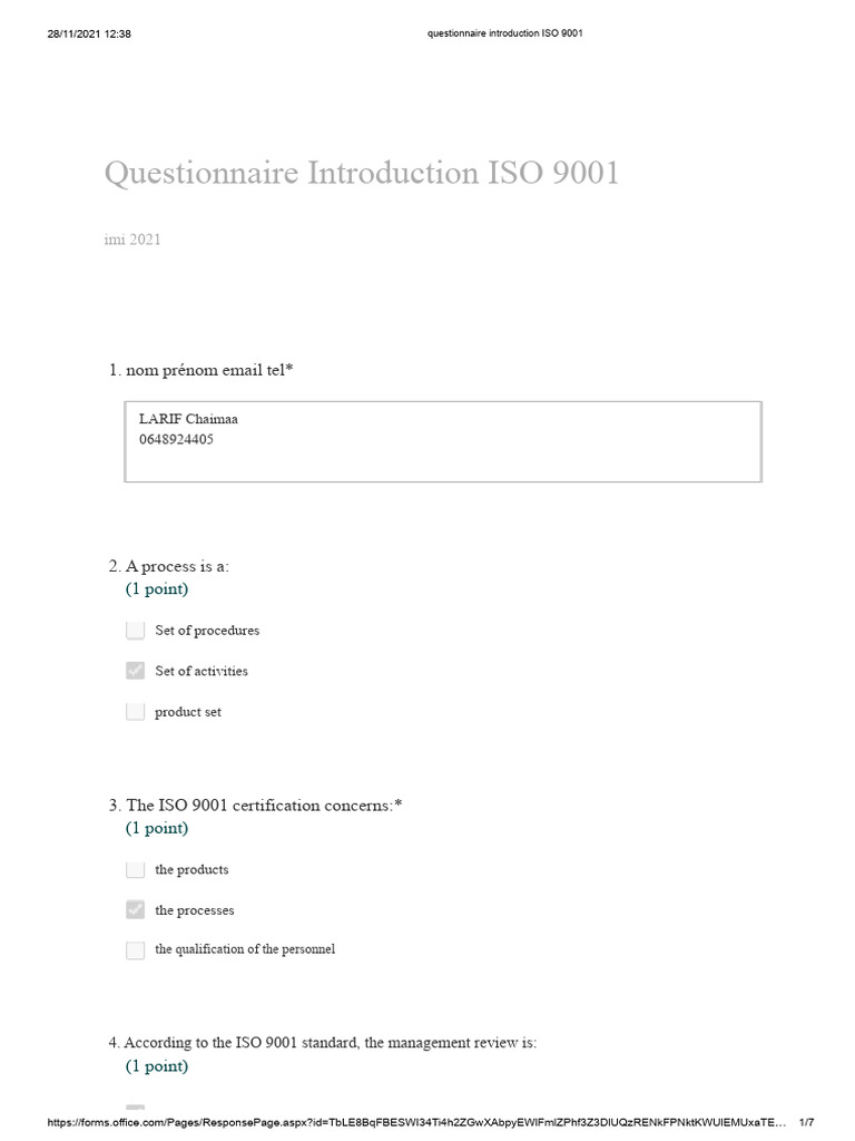 ISO 9001 Questionnaire Intro | PDF | Audit | Risk