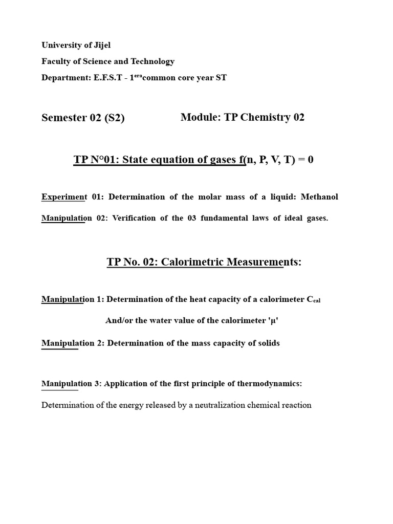 Preparation test - TP - 2018.pdf | PDF | Calorimetry | Gases