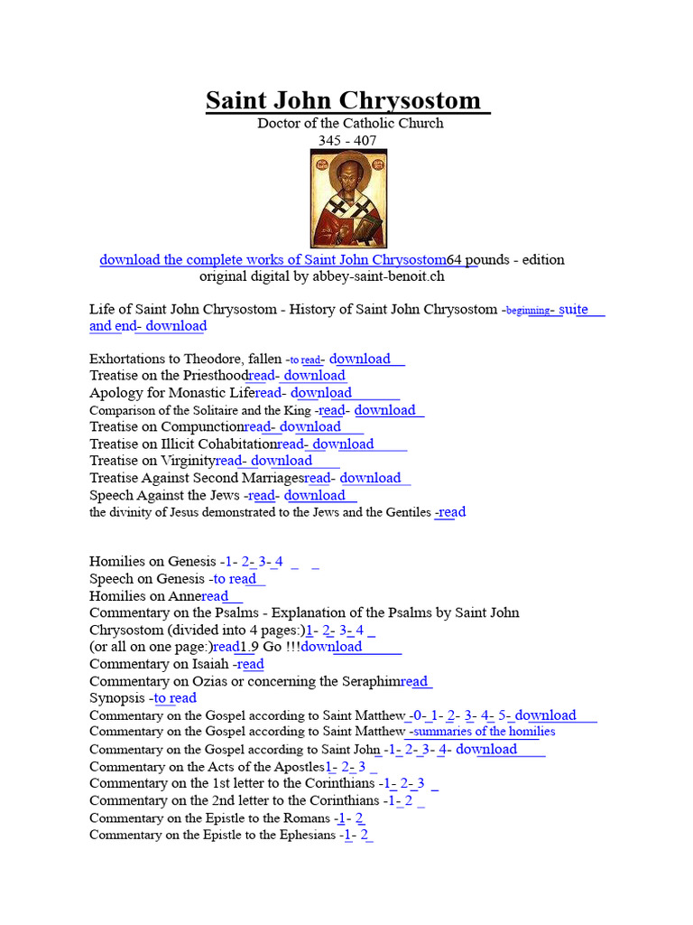 Saint John Chrysostom: Works & Life | PDF | Epistle | Exegesis