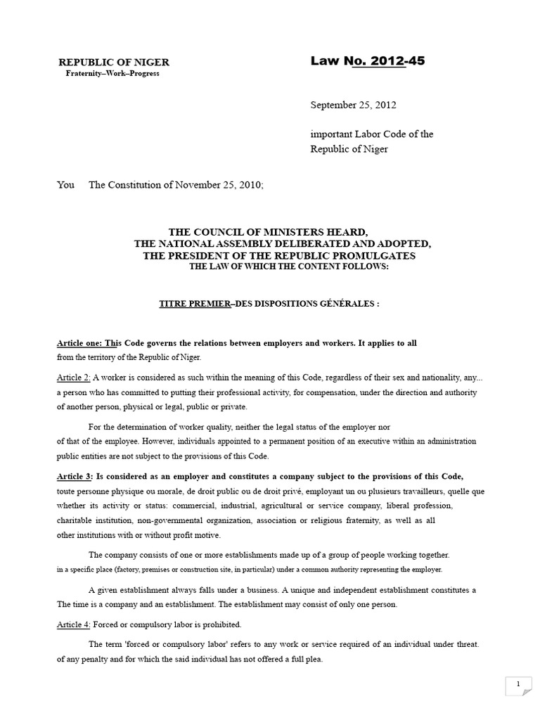 NIGER LABOR CODE NER-91382.pdf | PDF | Employment | Apprenticeship