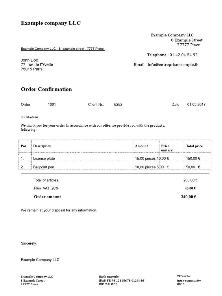 Order Confirmation Template Word 1and1 | PDF