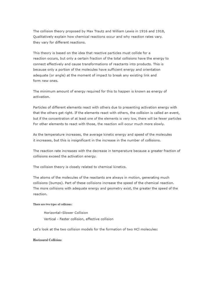 The collision theory proposed by Max Trautz and William Lewis in 1916 ...