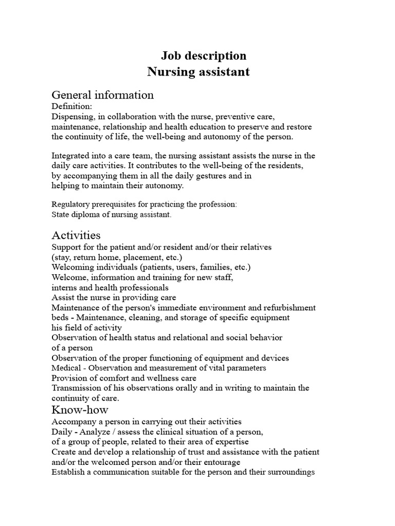 Nursing Assistant Job Description | PDF | Nursing | Profession