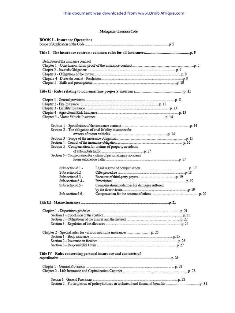 Madagascar - Insurance Code | PDF | Insurance | Subrogation