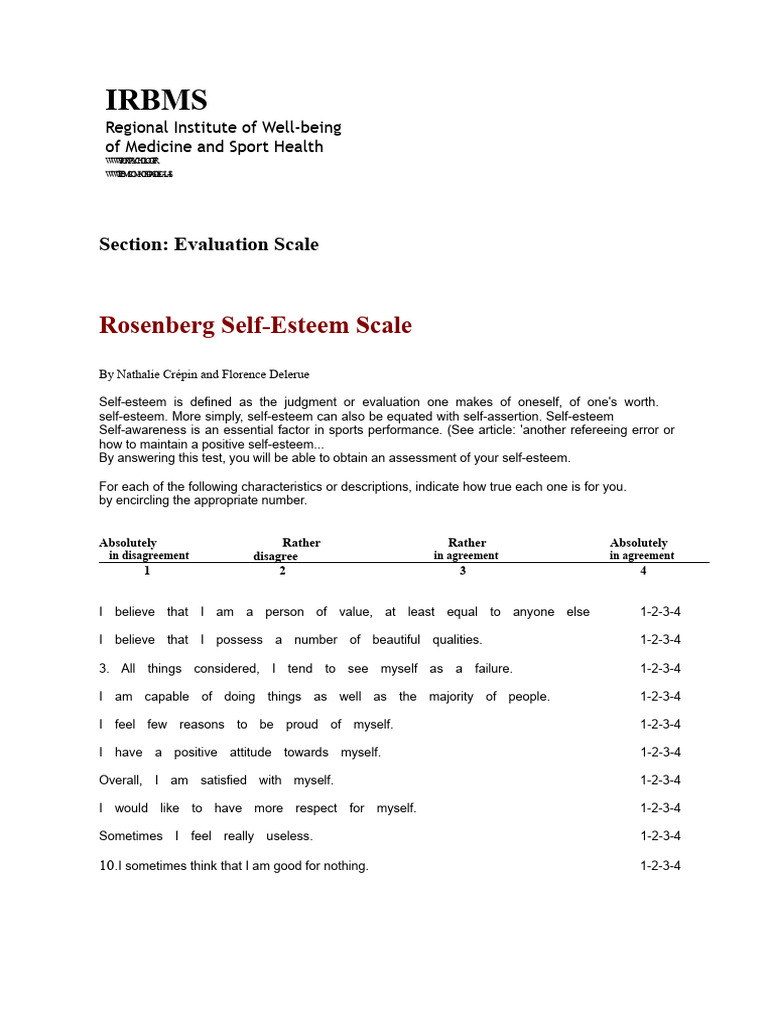 Rosenberg Self-Esteem Scale | PDF | Self Esteem | Cognition