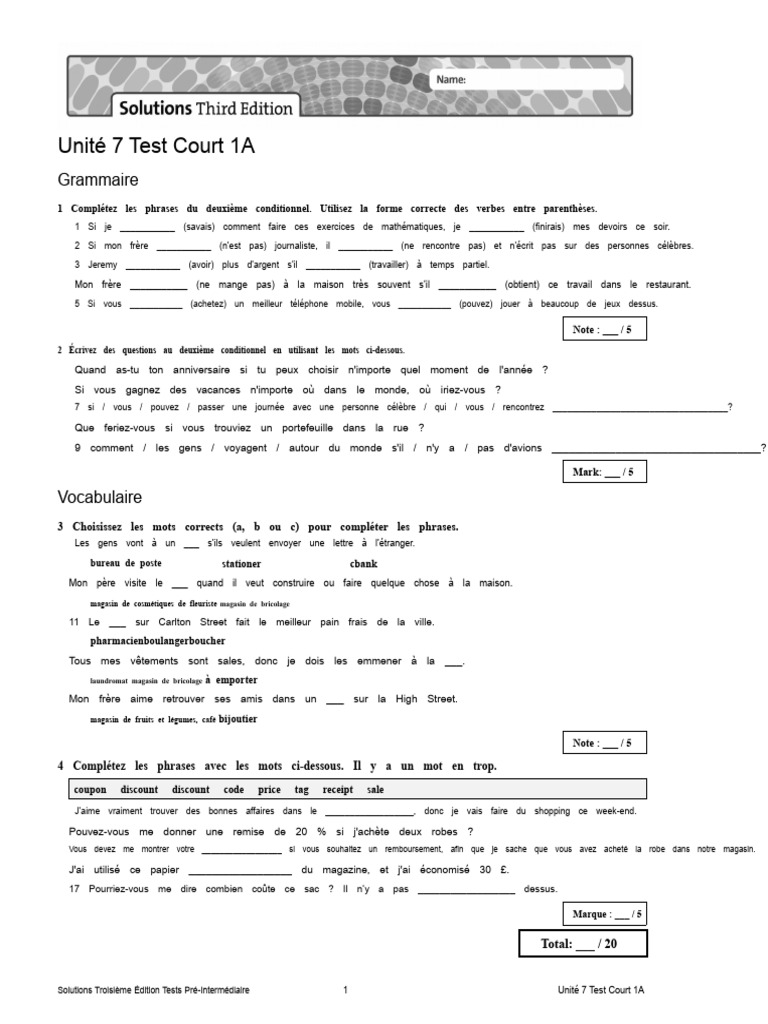 Test de Grammaire et Vocabulaire 1A | PDF | Linguistique